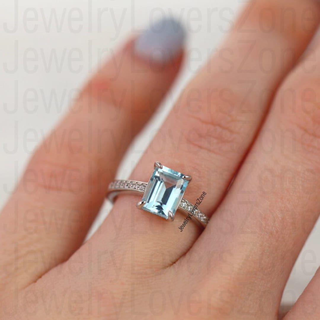 Emerald Cut Aquamarine Engagement Ring Unique Engagement Ring Art Deco ...