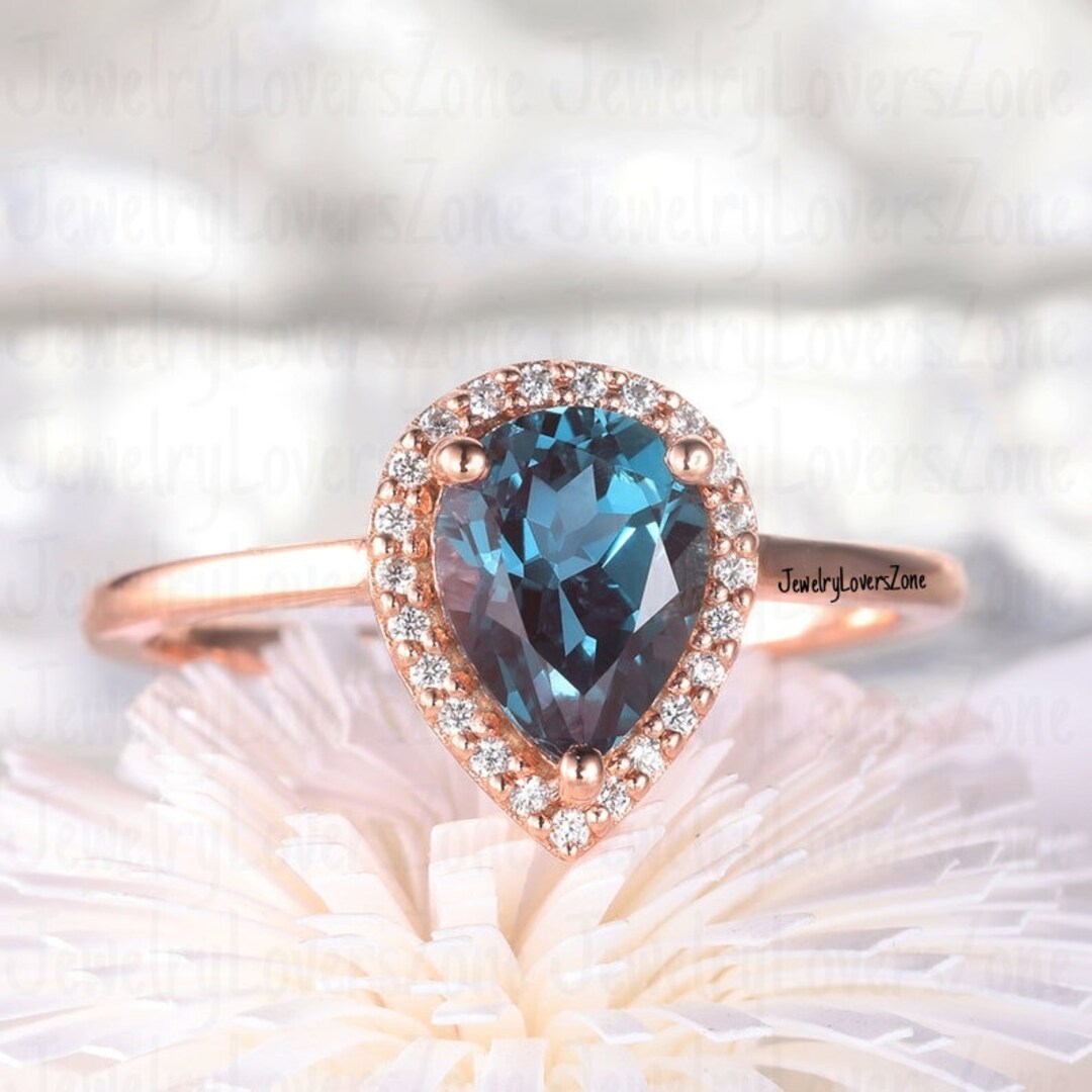 Vintage Pear Alexandrite Engagement Ring Unique 14K Rose Gold Wedding ...