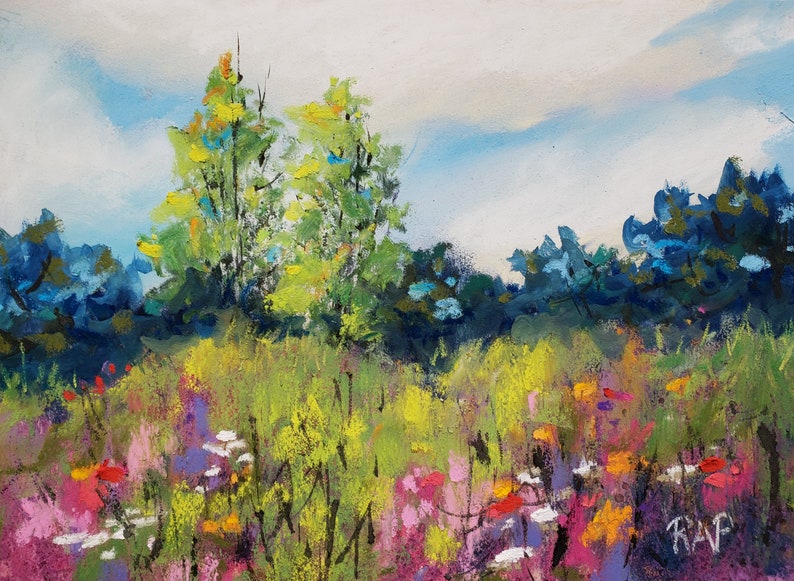 Fall Meadow. Flowers. Trees. Original Pastel Painting. rainbow Meadow ...