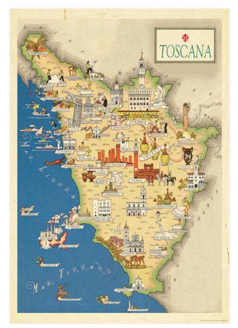 Tuscany tuscana Map Hand Illustrated Poster, With Hill Towns, Castles ...