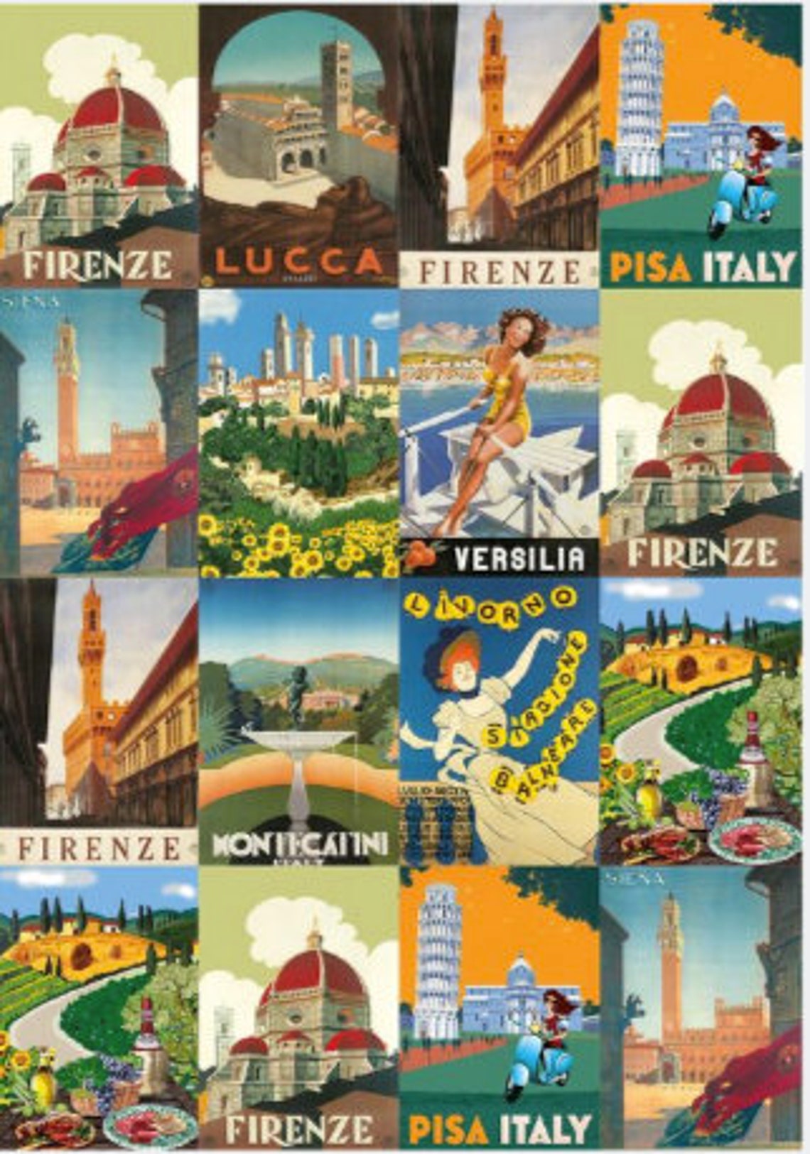 Poster of Italian Cities and Scenes in Tuscany Collage Style Poster, Vintage Designs, Printed in ...
