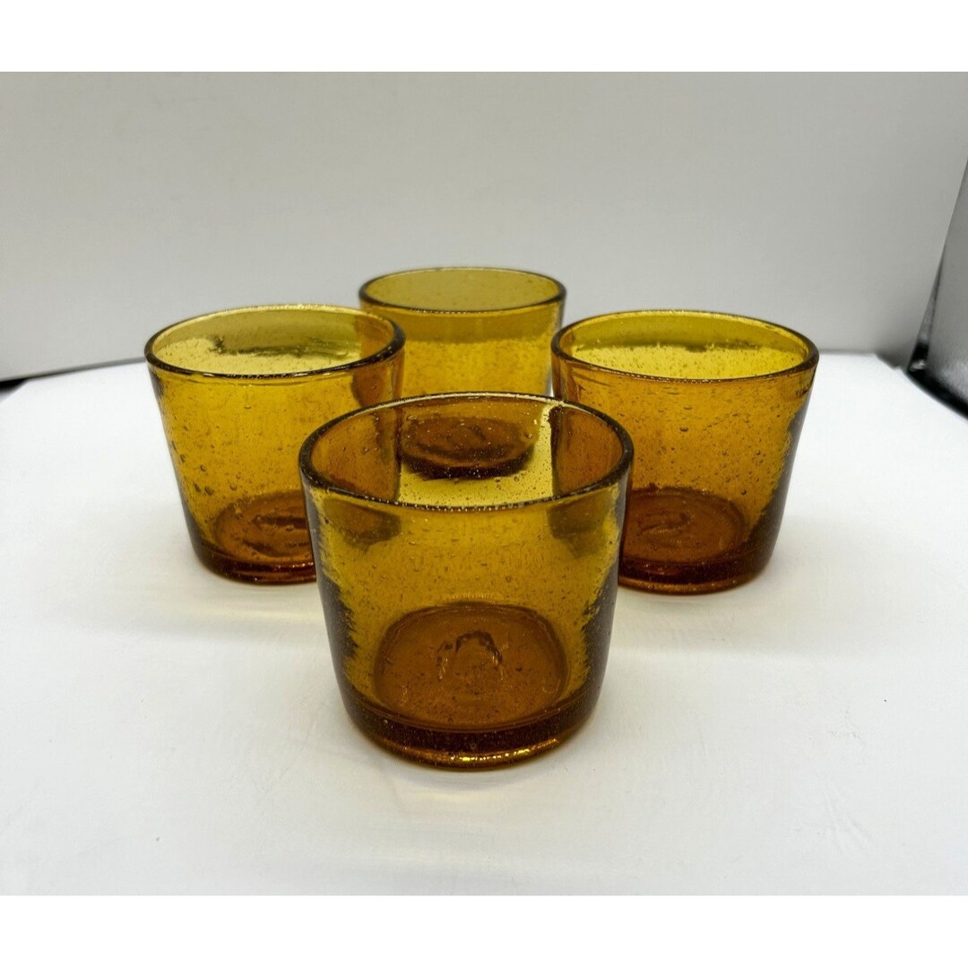 Set of 4 Hand Blown Mexican Amber Bubble Glass Lowball Tumblers ...