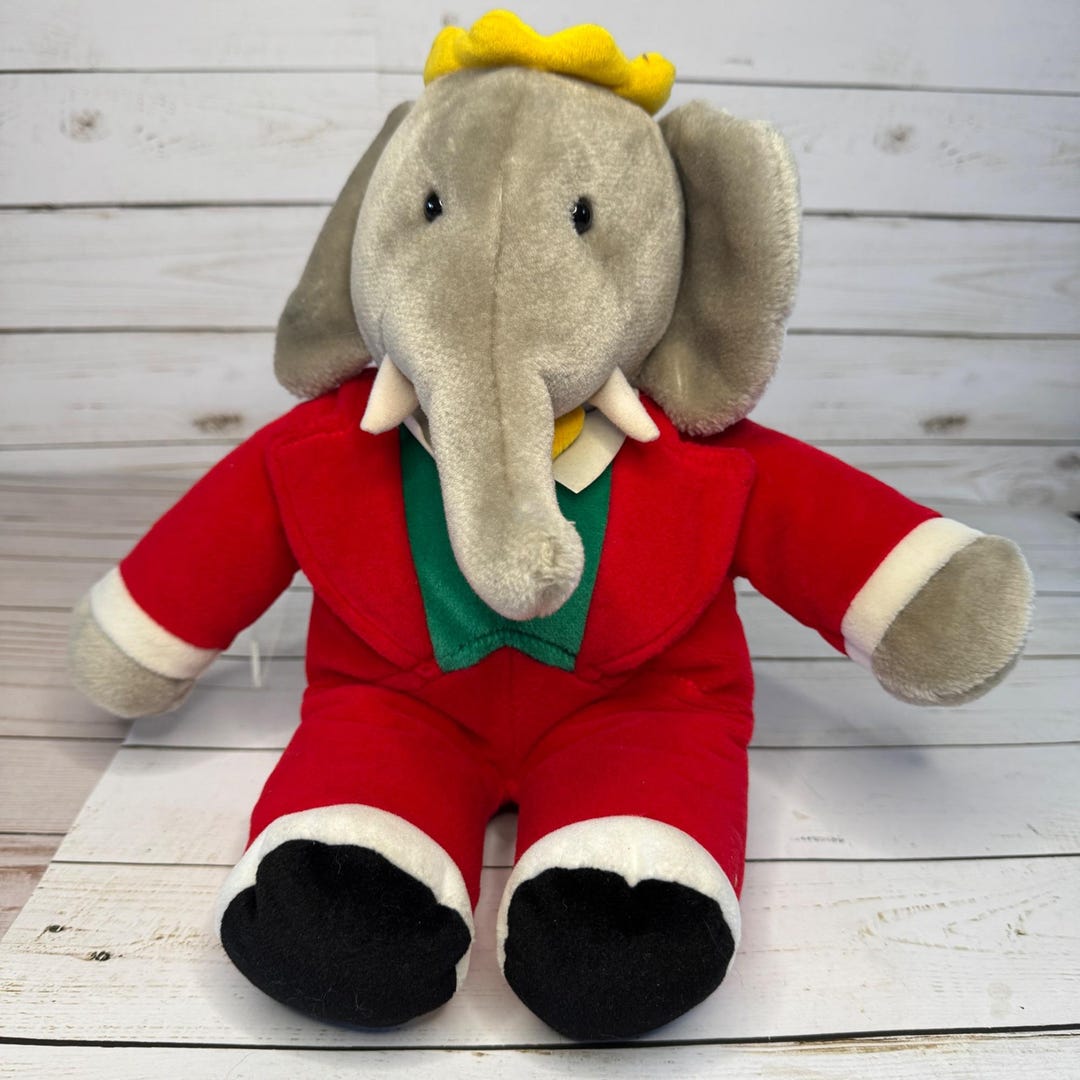 Vintage Gund Babar the Elephant Plush Toy in Red Suit & Yellow Crown 12 ...