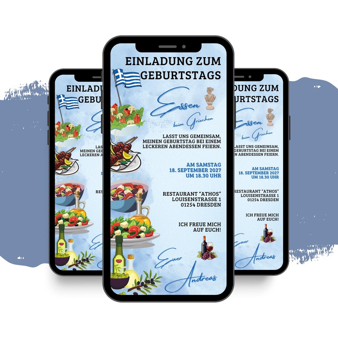 Ecard Birthday Invitation Greek Dinner | Digital Whatsapp Birthday ...