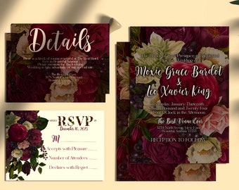 Dark Red Floral Invitation - Etsy