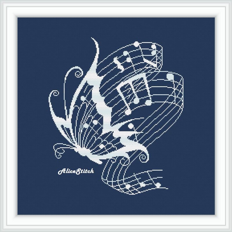 Cross Stitch Pattern Music Butterfly Silhouette Notes Staff - Etsy