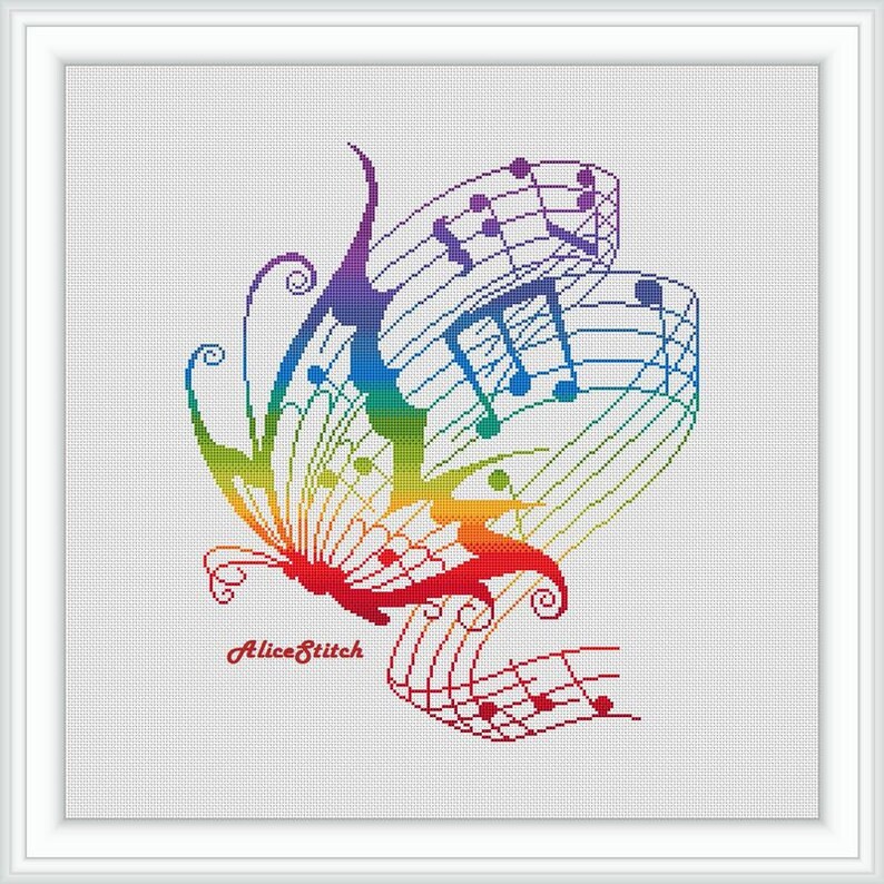 Cross Stitch Pattern Music Butterfly Silhouette Notes Staff - Etsy