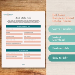 Editable Pet Care Business Client Intake Forms, Customizable Pet Sitter ...