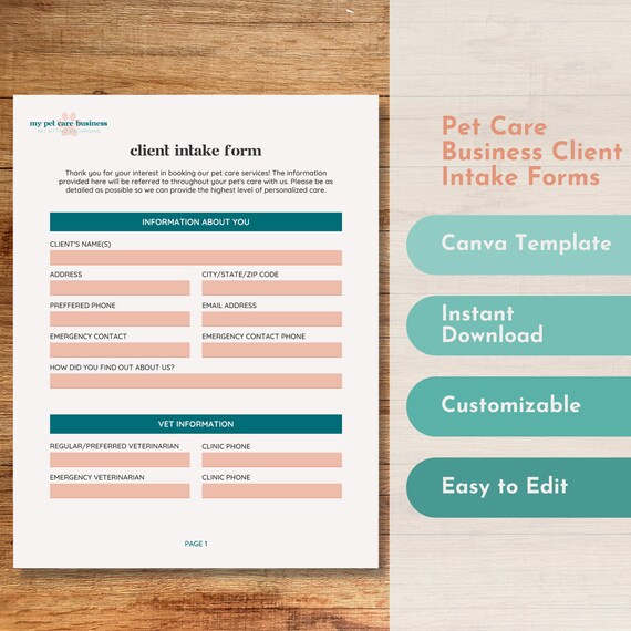 Editable Pet Care Business Client Intake Forms Customizable - Etsy
