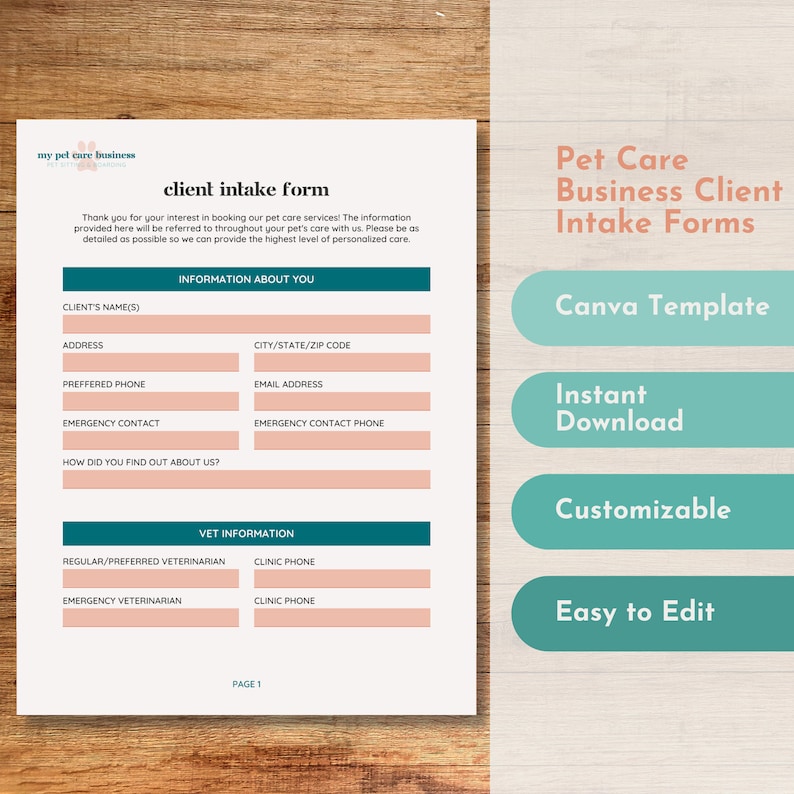 Editable Pet Care Business Client Intake Forms, Customizable Pet Sitter ...