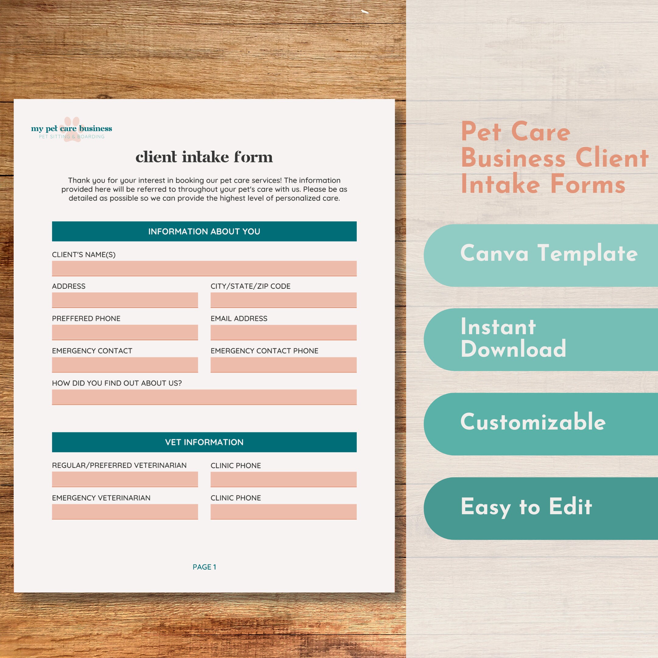 Editable Pet Care Business Client Intake Forms, Customizable Pet Sitter ...