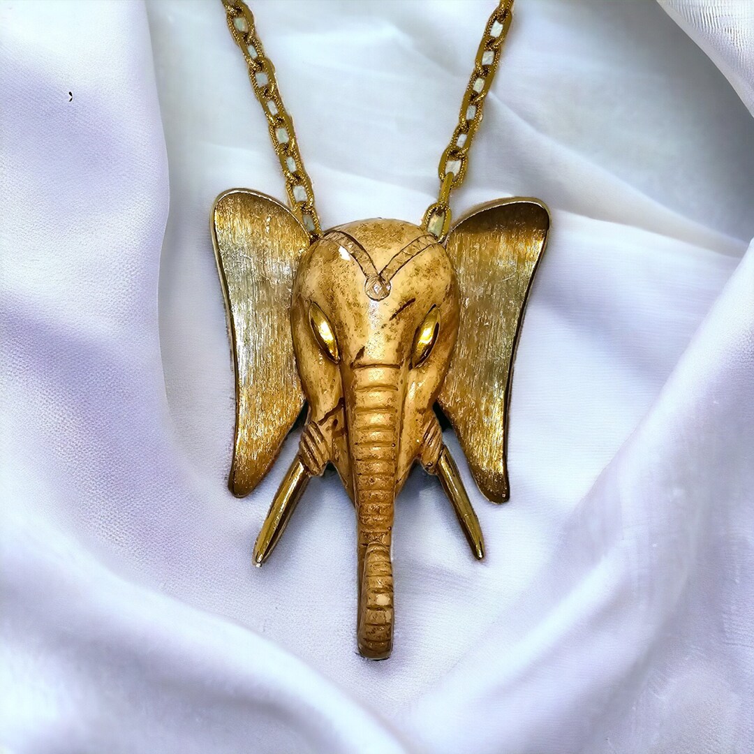 Vintage 1970s HUGE Luca Razza Gold Toned Carved Resin Elephant Head ...