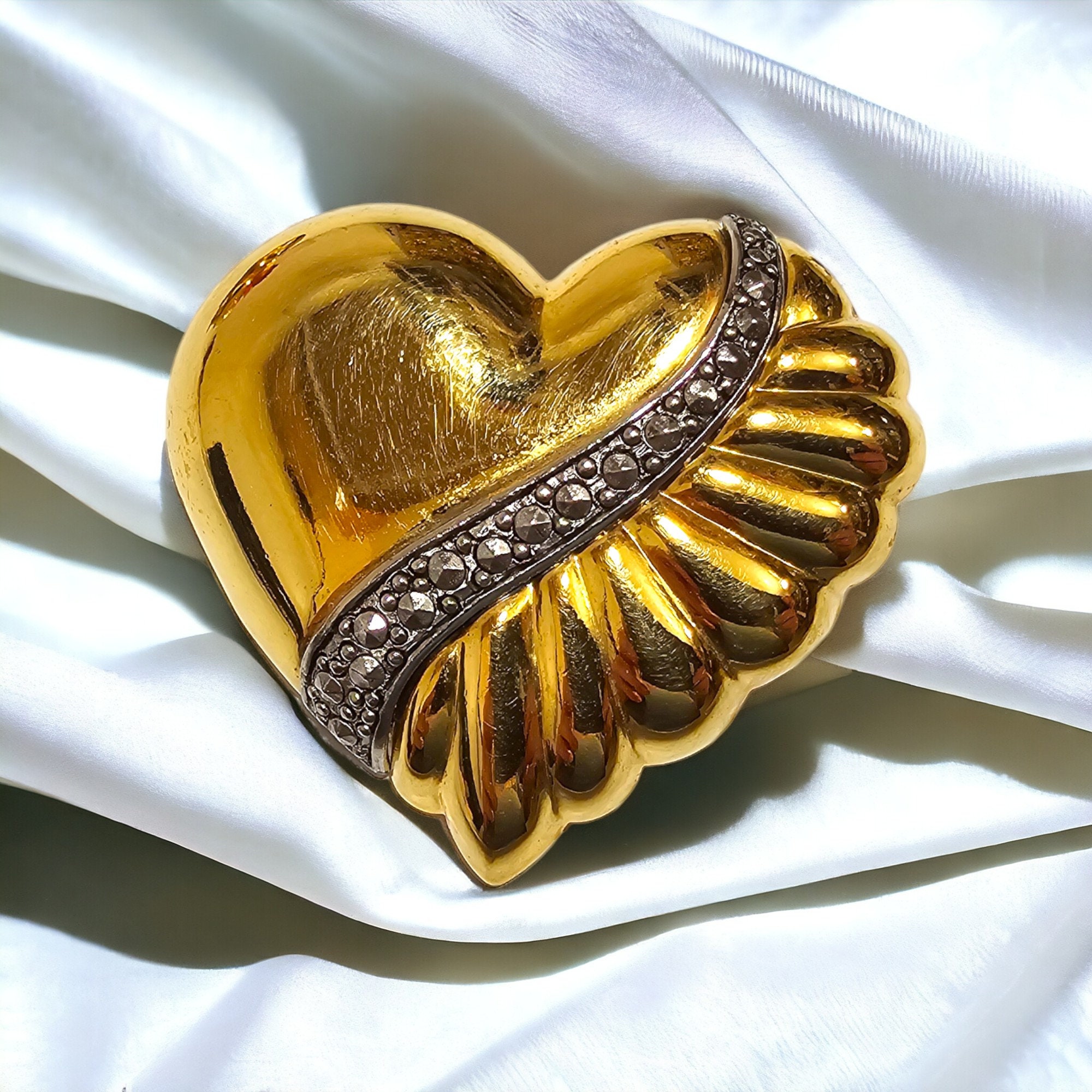 Vintage Large 1980s Goldtone Heart Corazon Statement Brooch Trimmed in Pewter Color With ...