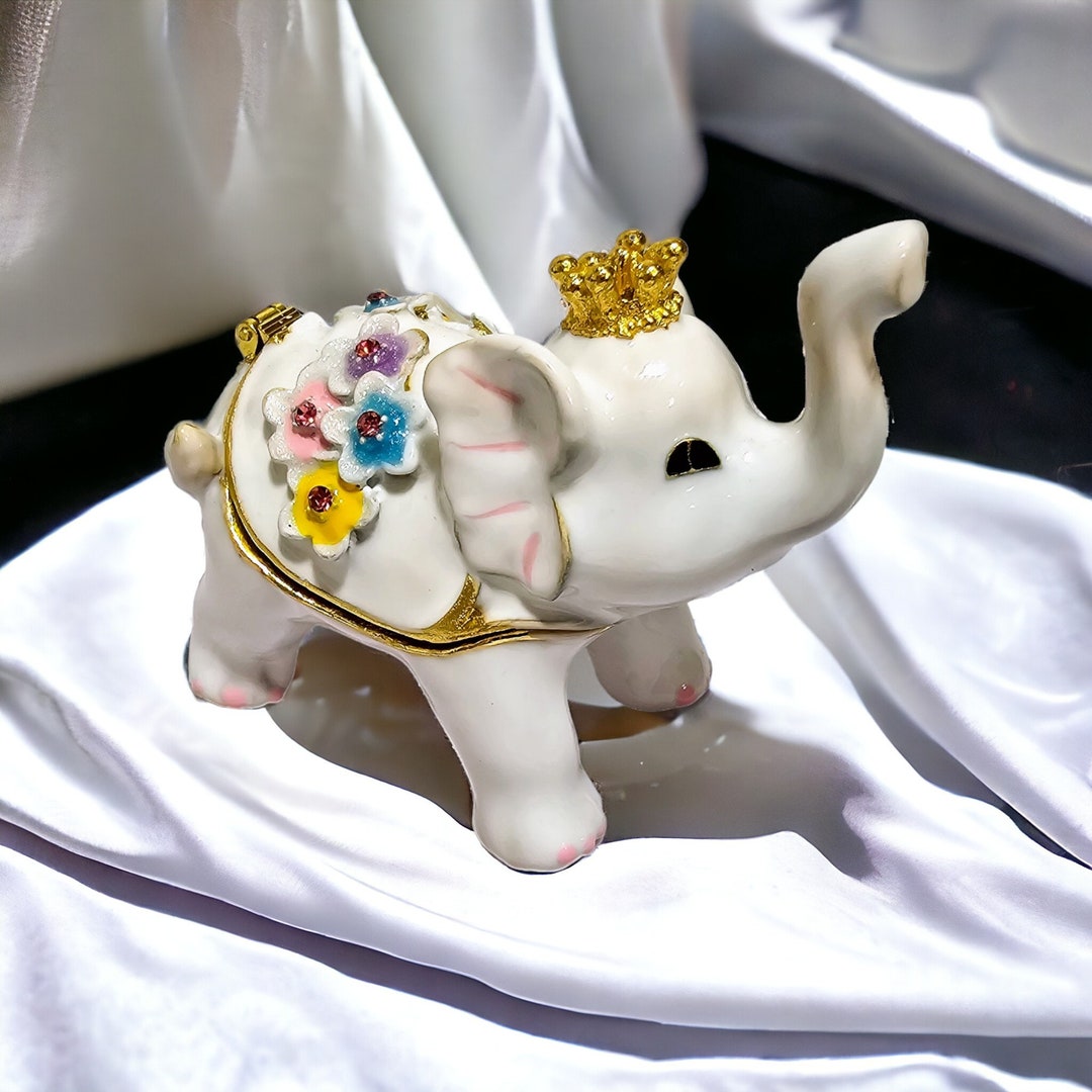 Beautiful Elephant Miniature Trinket Box W/golden Bow Keepsake Treasure ...