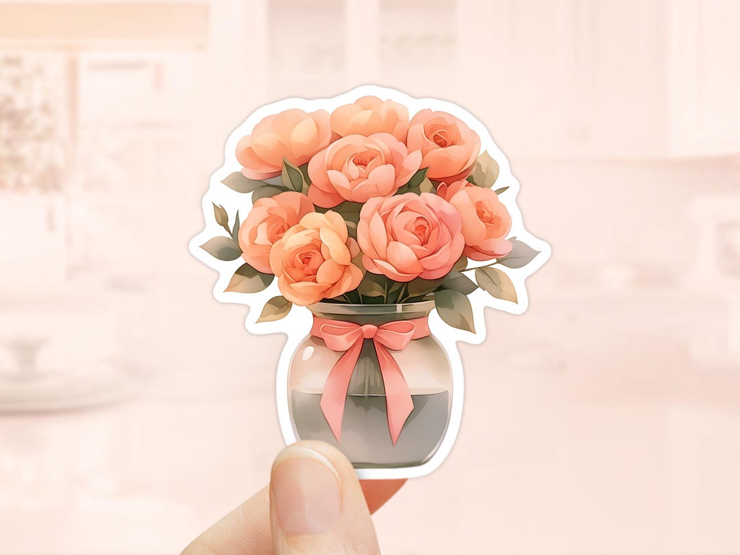 Pink Roses in Glass Vase Sticker, Waterproof Vinyl Decal, Water Bottles ...