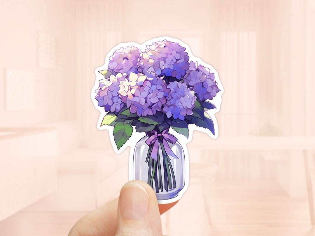 Purple Hydrangeas in a Glass Vase Sticker, Waterproof Vinyl Decal ...