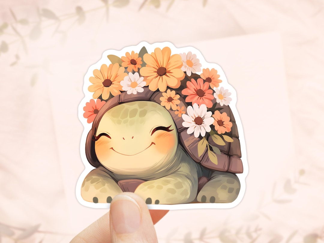 Cute Turtle Sticker, Waterproof Vinyl, Spring Flowers, Hydro Sticker ...