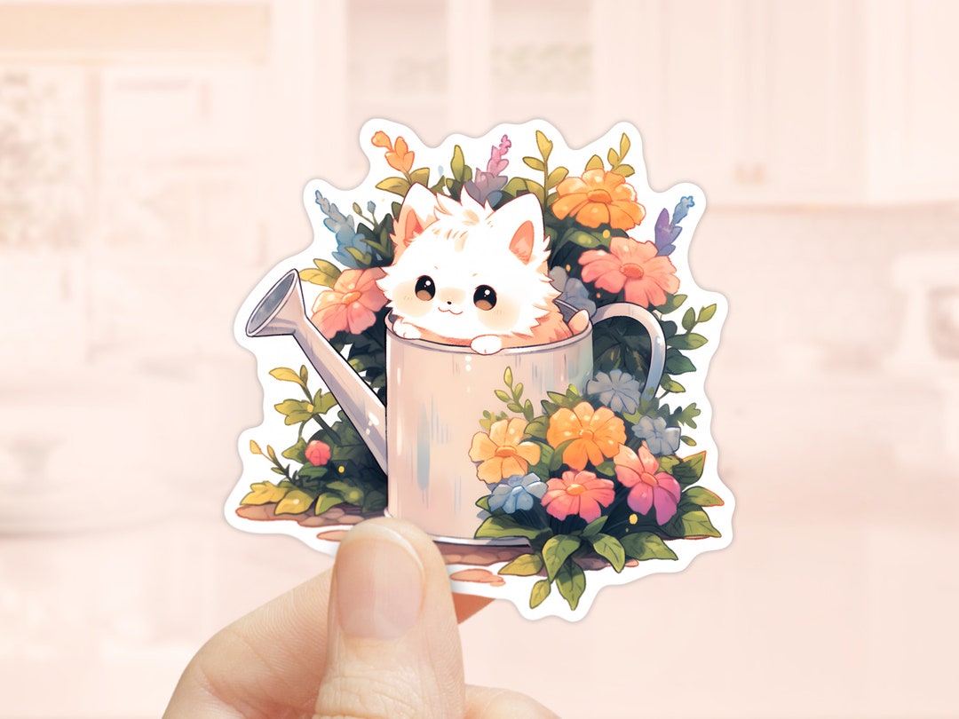 White Cat Inside Watering Can Sticker, Spring Flowers, Waterproof Vinyl ...