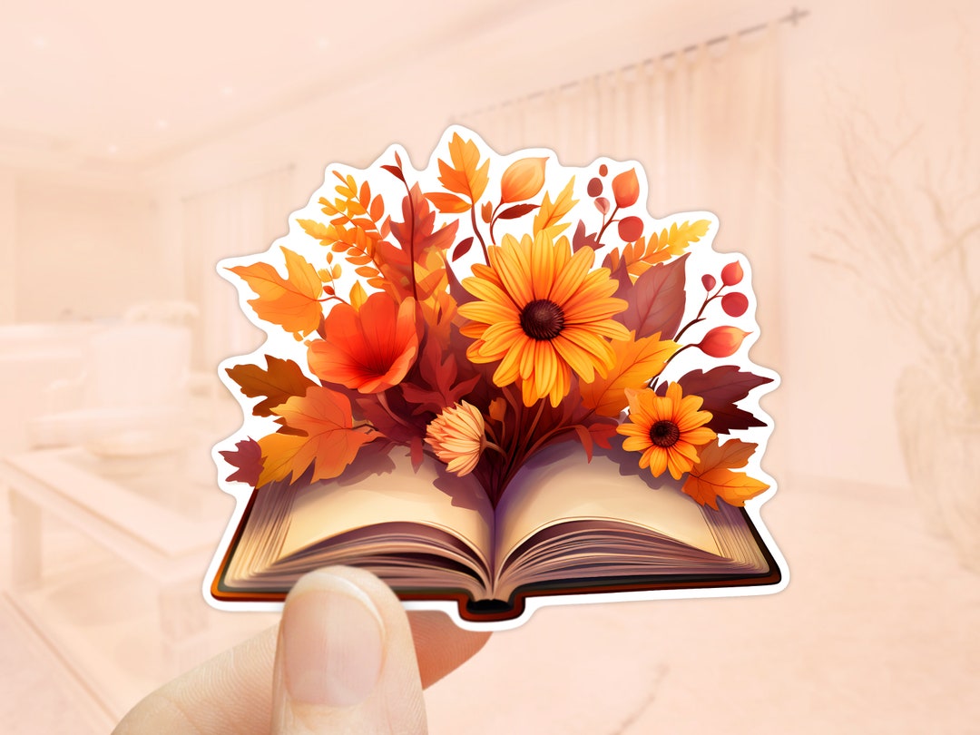 Open Book With Fall Flowers Sticker, Waterproof Vinyl, Cottagecore ...