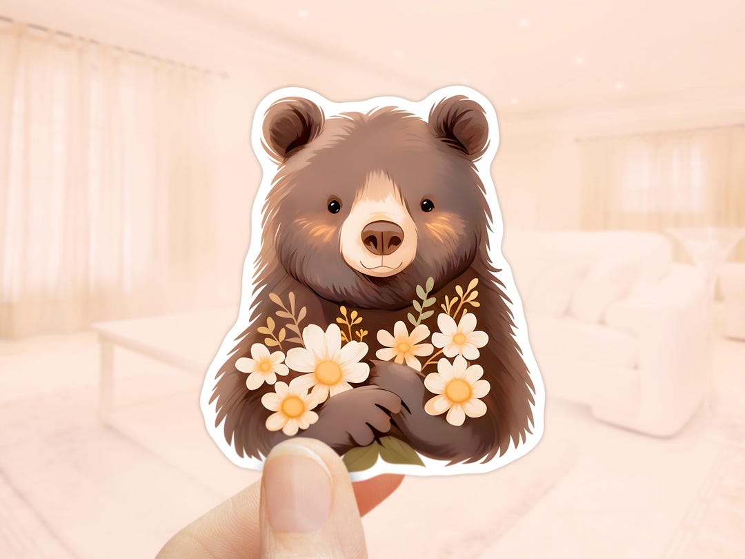 Cute Brown Bear With Flowers Sticker, Waterproof Sticker, Nursery Bear ...