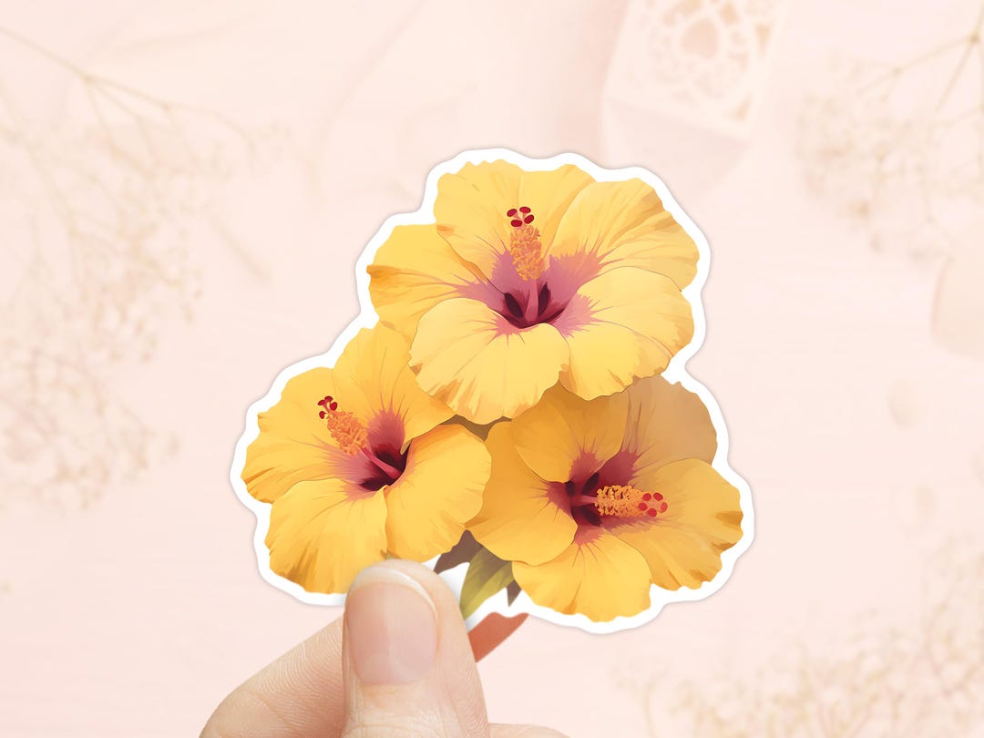 Yellow Hibiscus Flowers Sticker, Waterproof Vinyl, Tropical Sticker ...