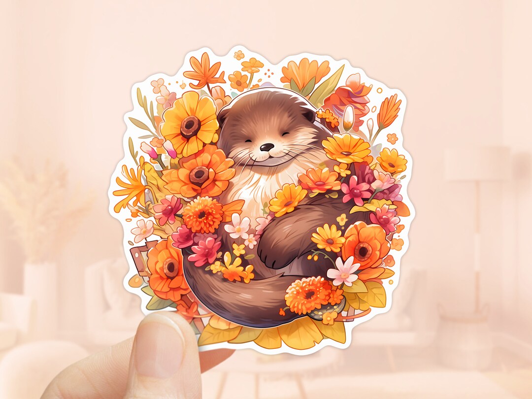 Otter Floral Sticker, Vinyl Sticker, Fall Season, Laptop Sticker ...