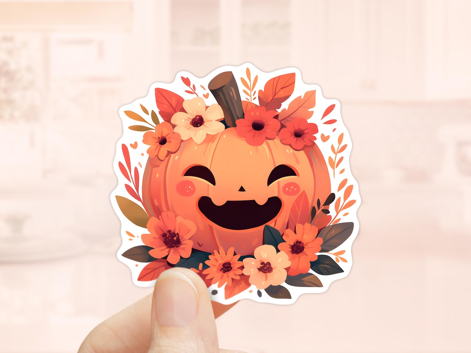 Cute Pumpkin With Fall Flowers Sticker, Water Bottle Sticker, Fall ...