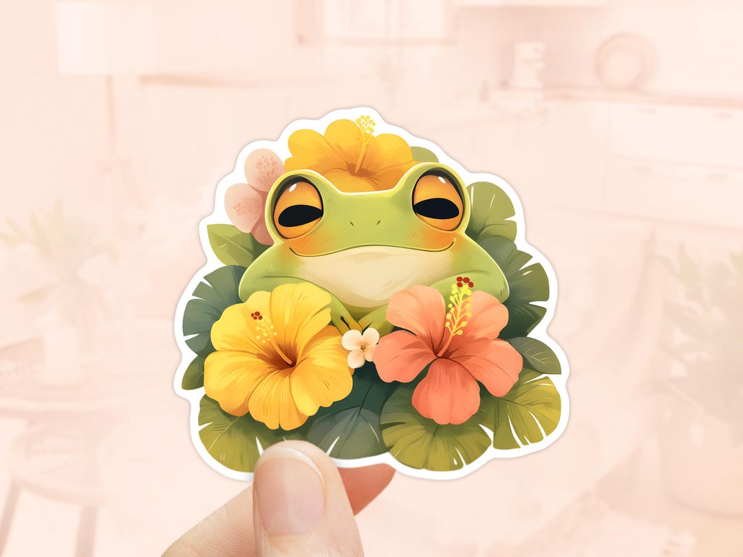 Frog With Hibiscus Flowers Sticker, Waterproof Vinyl, Laptop Sticker ...