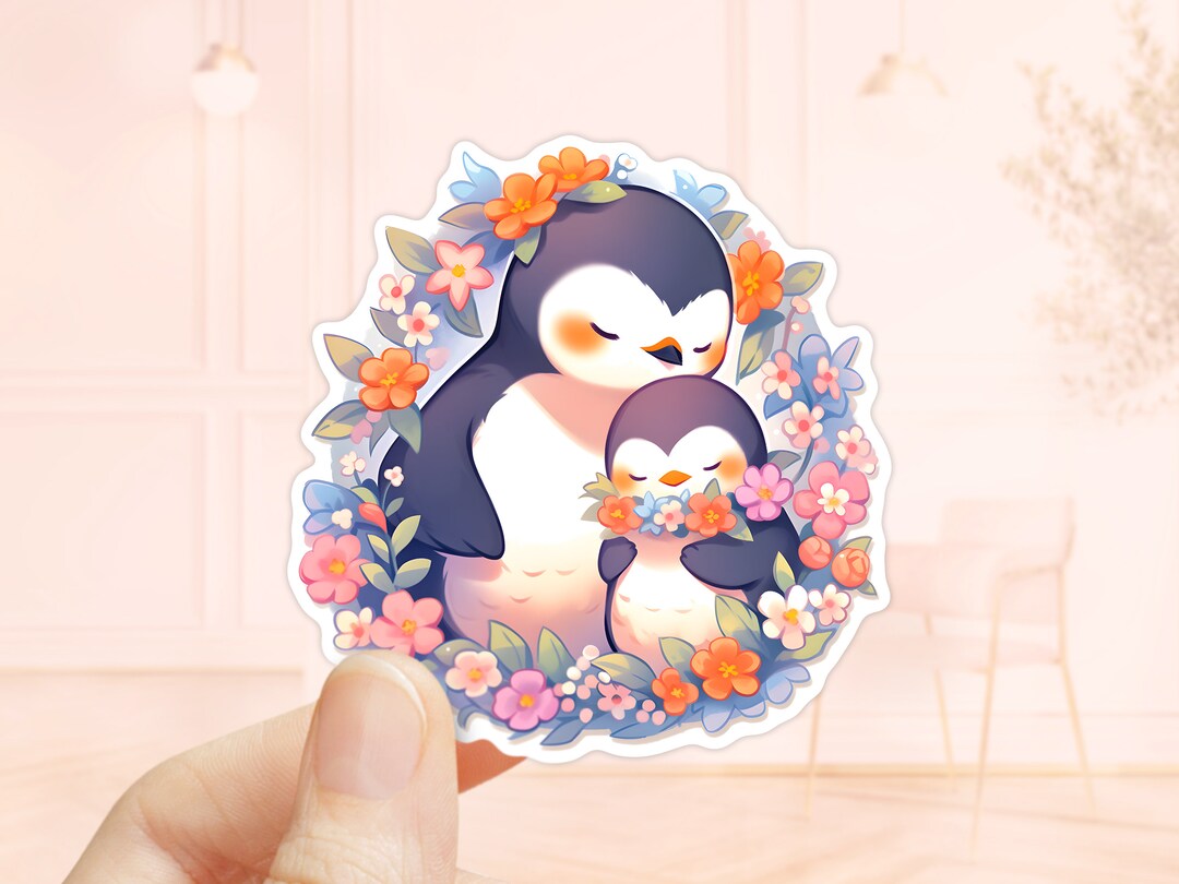 Mama Penguin With Baby Sticker, Laptop Sticker, Animals Lover ...