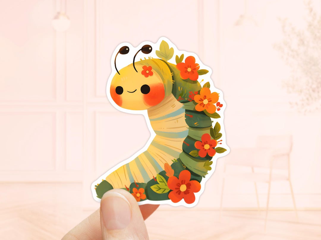 Cute Caterpillar With Flowers Sticker, Laptop Sticker, Bug Decal ...