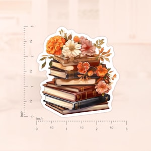 Stack of Books With Fall Flowers Sticker, Waterproof Vinyl, Cottagecore ...