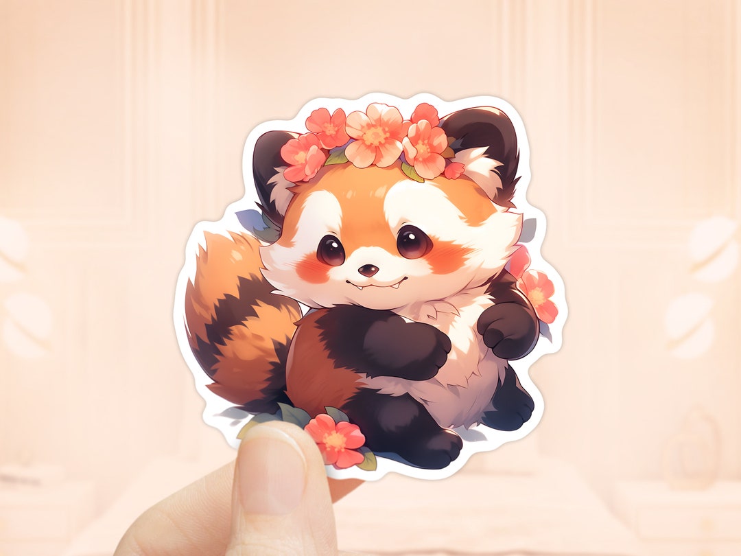 Cute Red Panda With Flowers Sticker, Laptop Sticker, Cute Animals ...