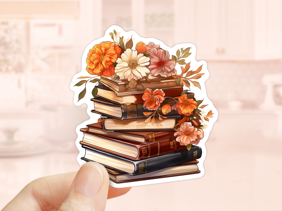 Stack of Books With Fall Flowers Sticker, Waterproof Vinyl, Cottagecore ...