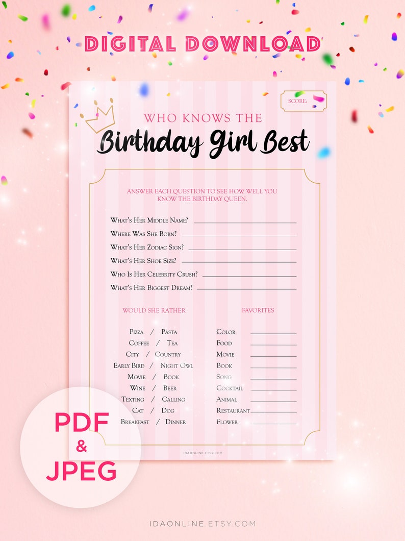 Who Knows the Birthday Girl Best? Birthday Party Games Printable ...