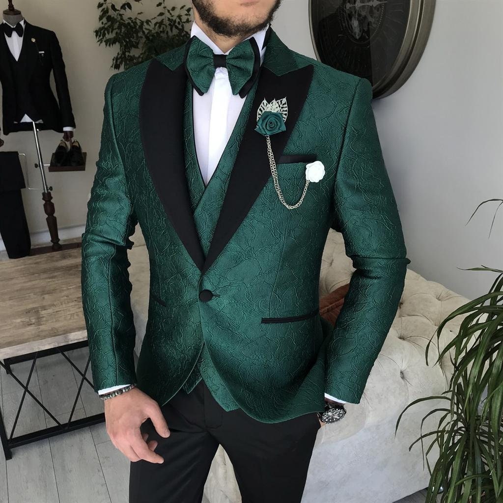 Men Suits Green Floral 3 Piece Wedding Groom Suits Elegant Suits ...