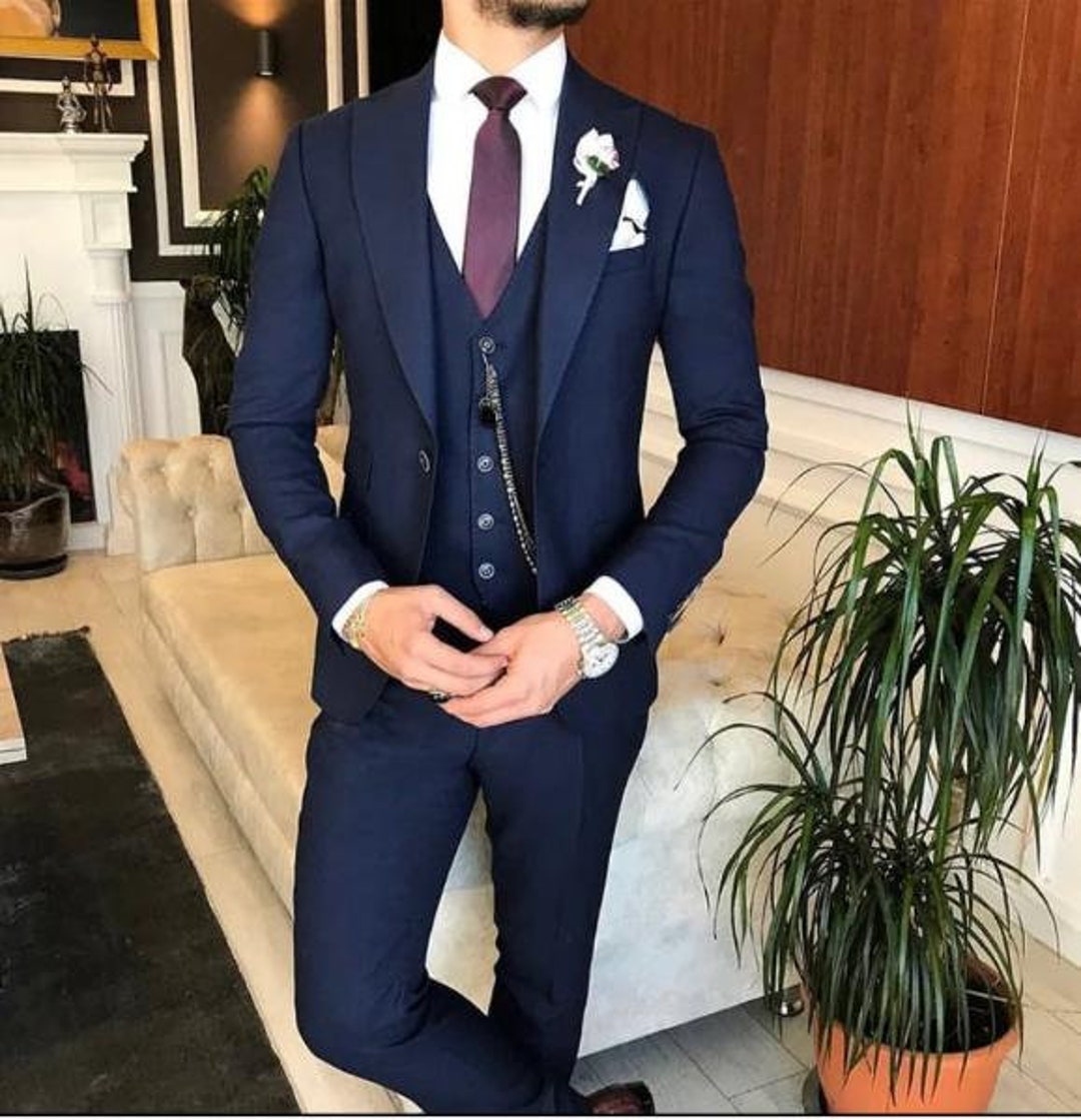 Men Suits Navy Blue 3 Piece One Button Suits Stylish Wedding Groom ...