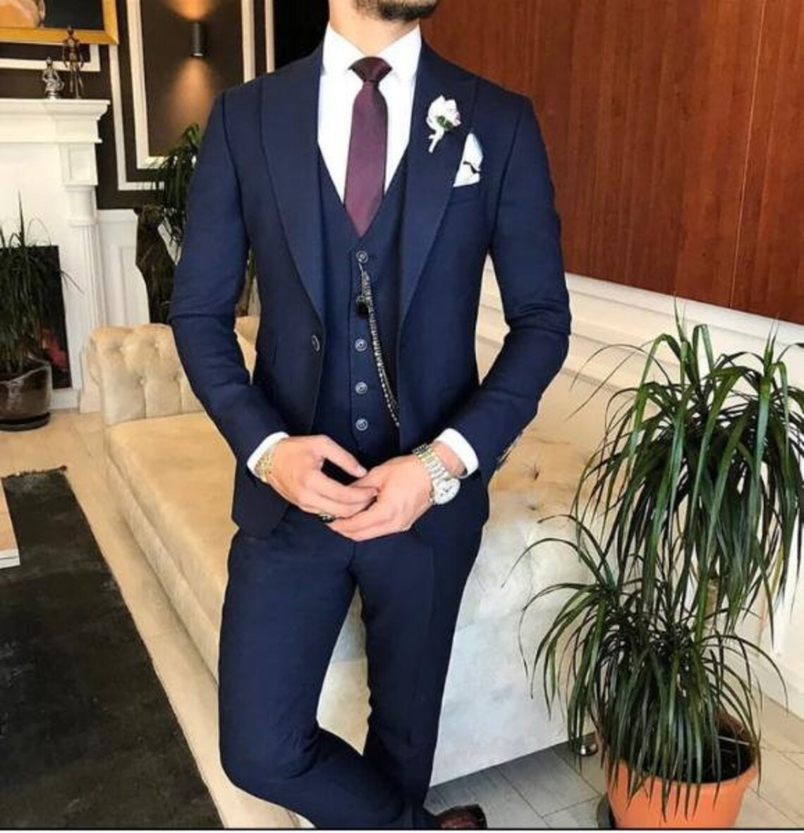 Men Suits Navy Blue 3 Piece One Button Suits Stylish Wedding Groom ...