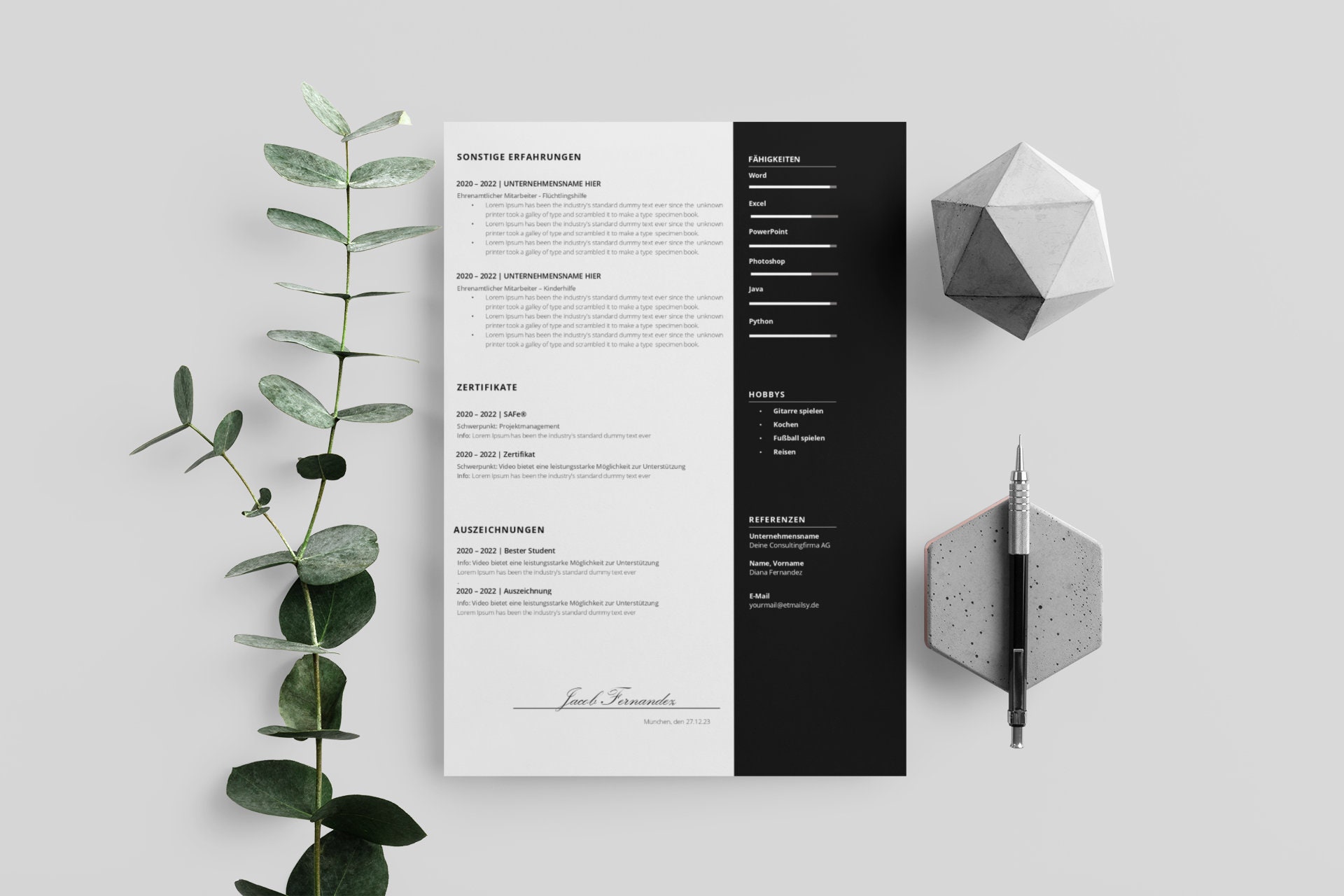 Resume Template and Cover Letter CV Template German Consulting ATS Word ...