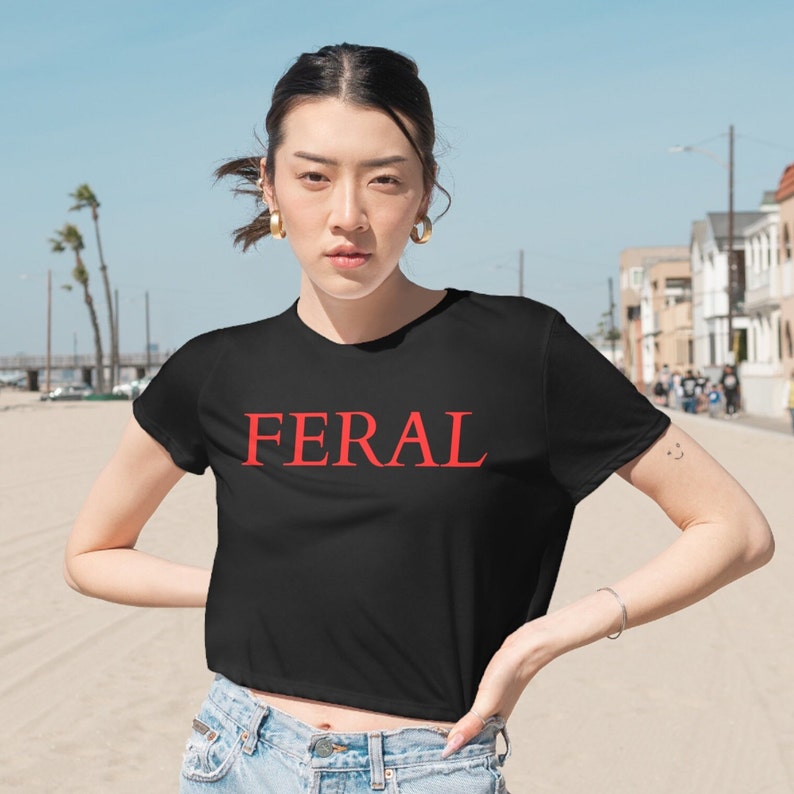 FERAL Red Text on Black Cropped T-shirt, Paint the Town Red Feral Shirt ...