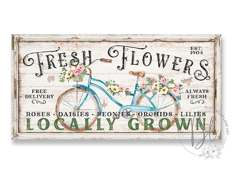 Fresh Flowers Sign | Flower Market Wall Art | Spring Bicycle Sign ...