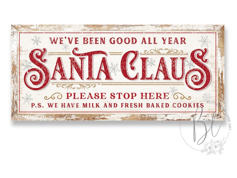 Santa Stop Here Sign, Santa Claus Sign Canvas, Farmhouse Christmas Wall ...