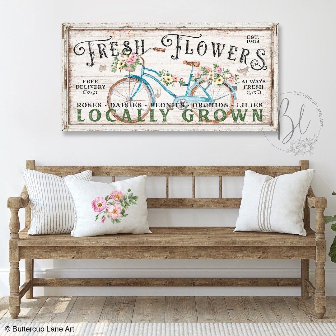 Fresh Flowers Sign | Flower Market Wall Art | Spring Bicycle Sign ...