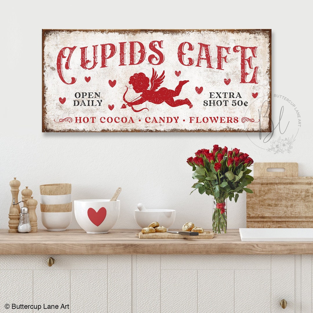 Cupid's Cafe Valentine's Day Sign, Rustic Kitchen Sign, Farmhouse ...