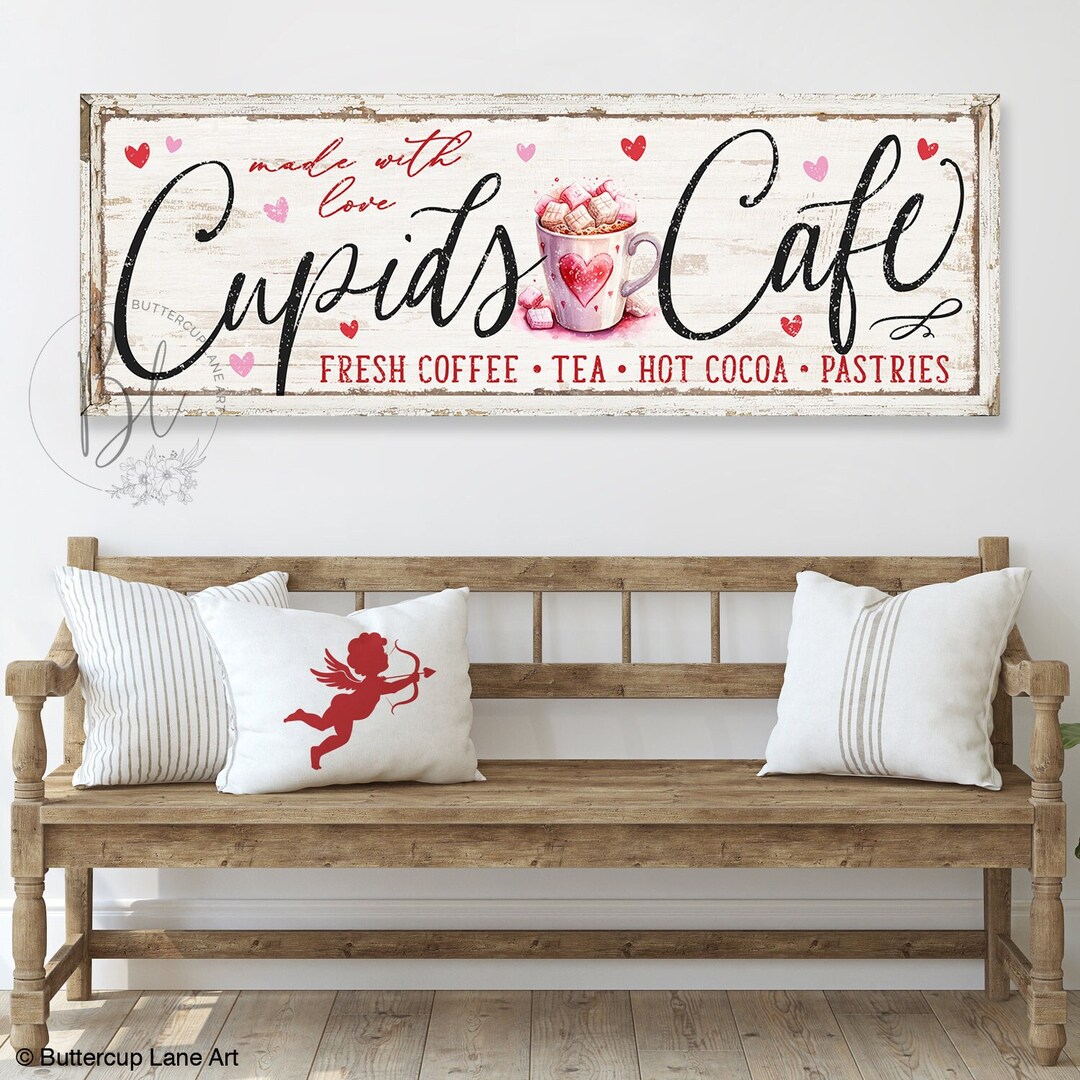 Cupids Cafe & Hot Cocoa Bar Valentine's Day Sign, Rustic Kitchen Sign ...