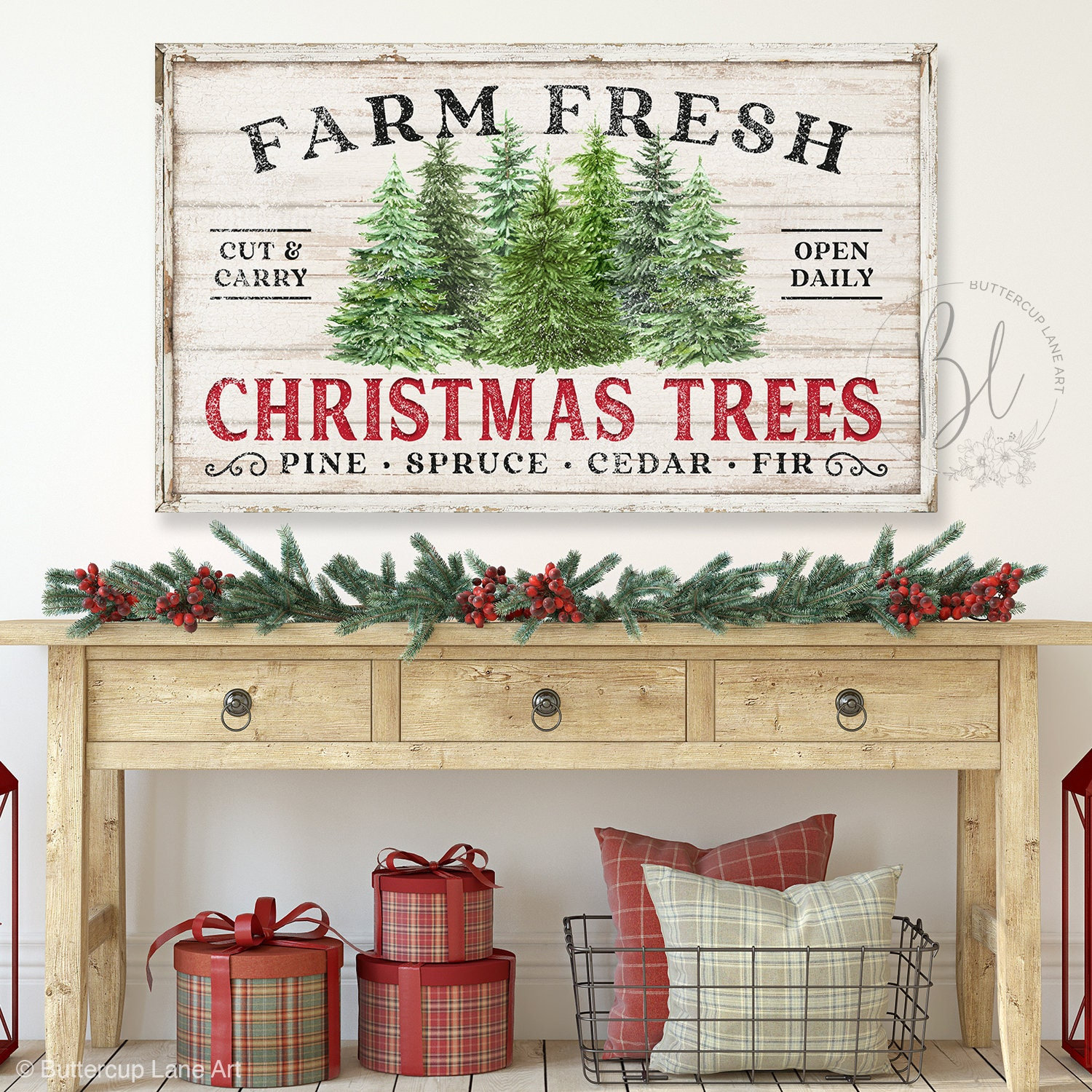 Farm Fresh Christmas Trees Sign, Large Christmas Wall Art Vintage Style ...