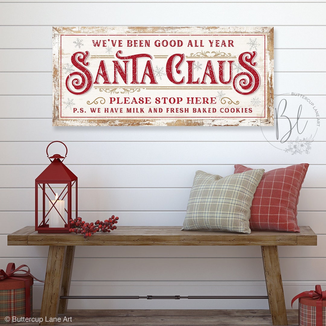 Santa Stop Here Sign, Santa Claus Sign Canvas, Farmhouse Christmas Wall ...