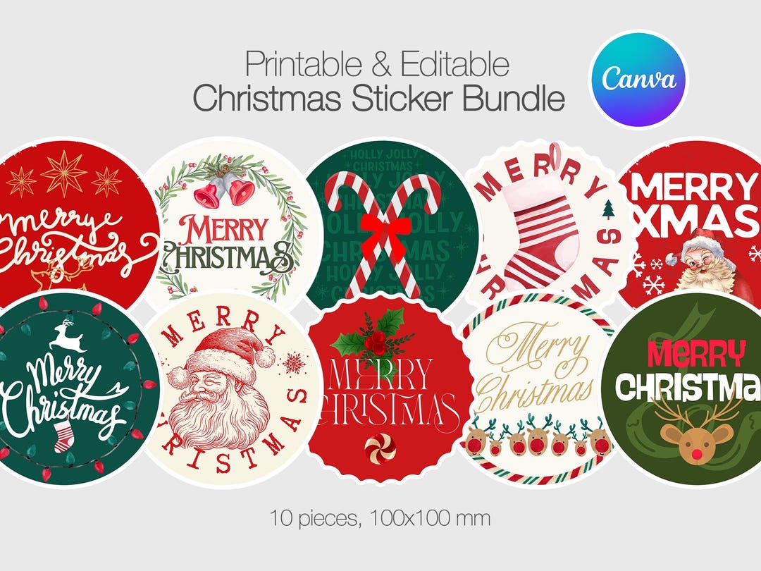 10 Printable Christmas Sticker Bundle, Christmas Stickers, Xmas ...