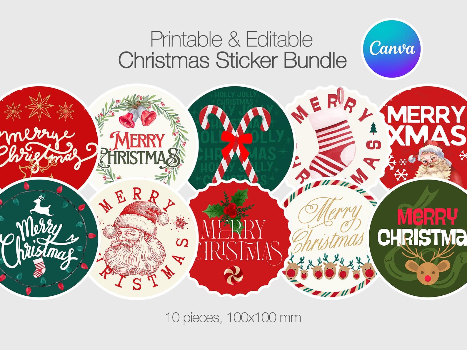 10 Printable Christmas Sticker Bundle, Christmas Stickers, Xmas ...