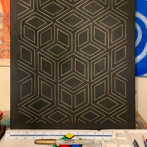 The Dark Cube Original Geometric Drawing in Gold Sharpie on Canvas ...
