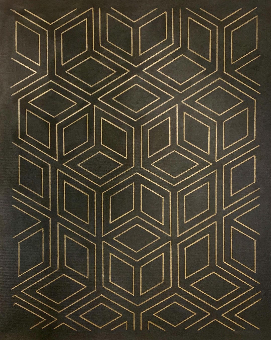 The Dark Cube Original Geometric Drawing in Gold Sharpie on Canvas ...